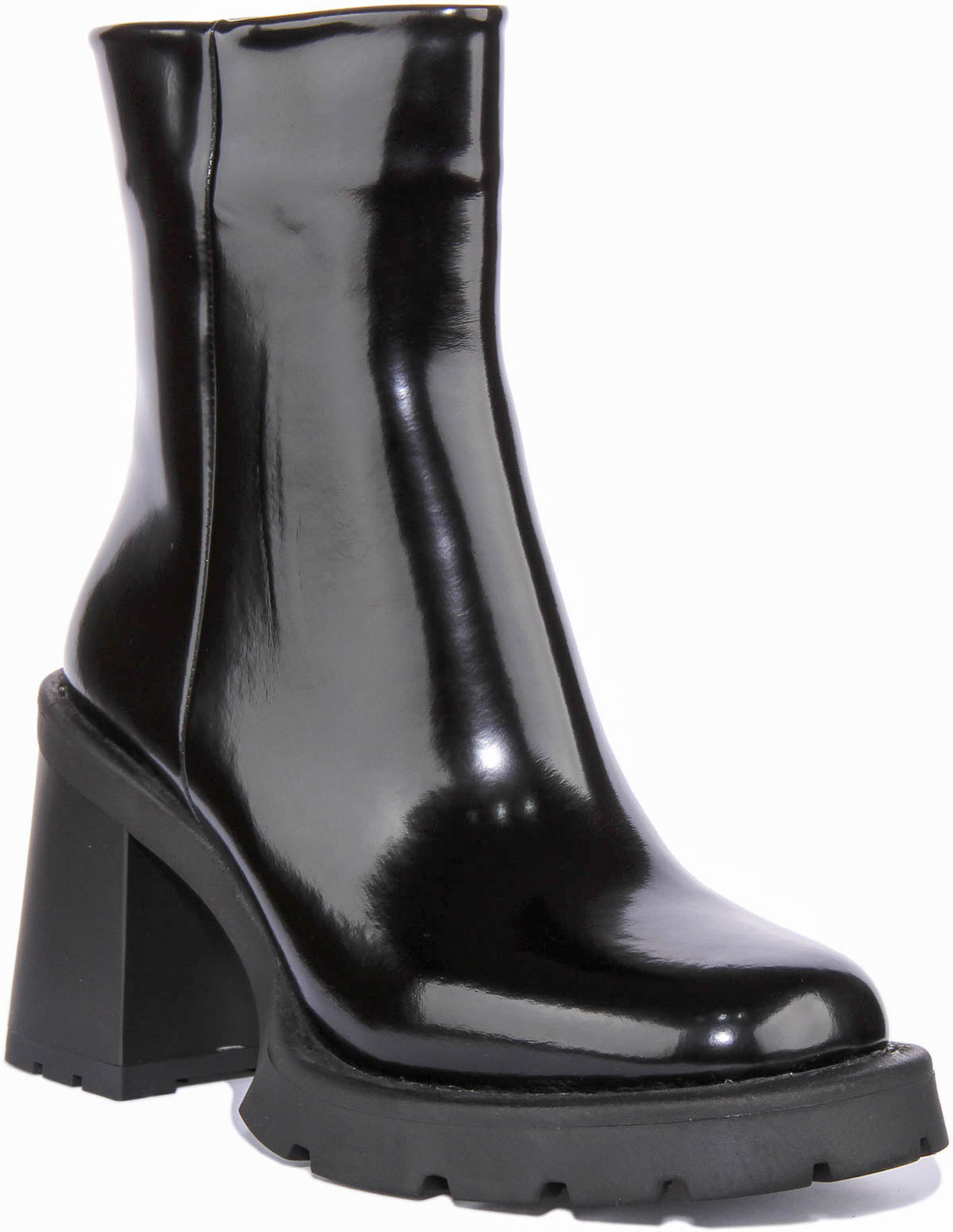Womens Block High Shine Black | Ladies Leather Zip Block Heels Boots ...