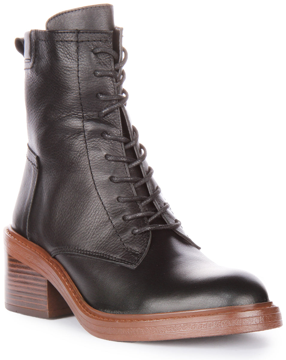 JUSTINREESS Womens Low Heel Lace Up Black Leather Boots – Justin Reess
