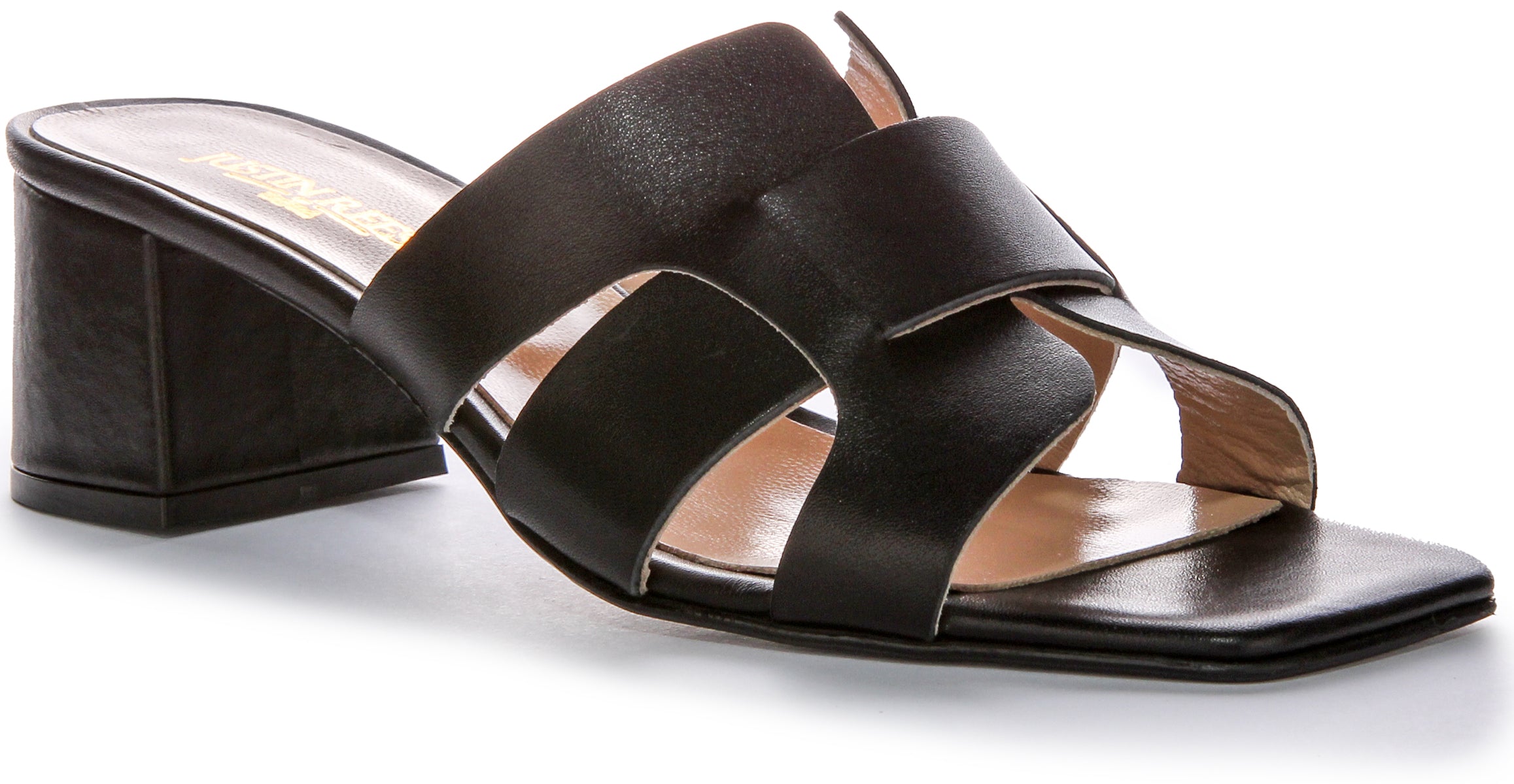 JUSTINREESS Womens Low Block Heel Black Leather Sandals – Justin Reess
