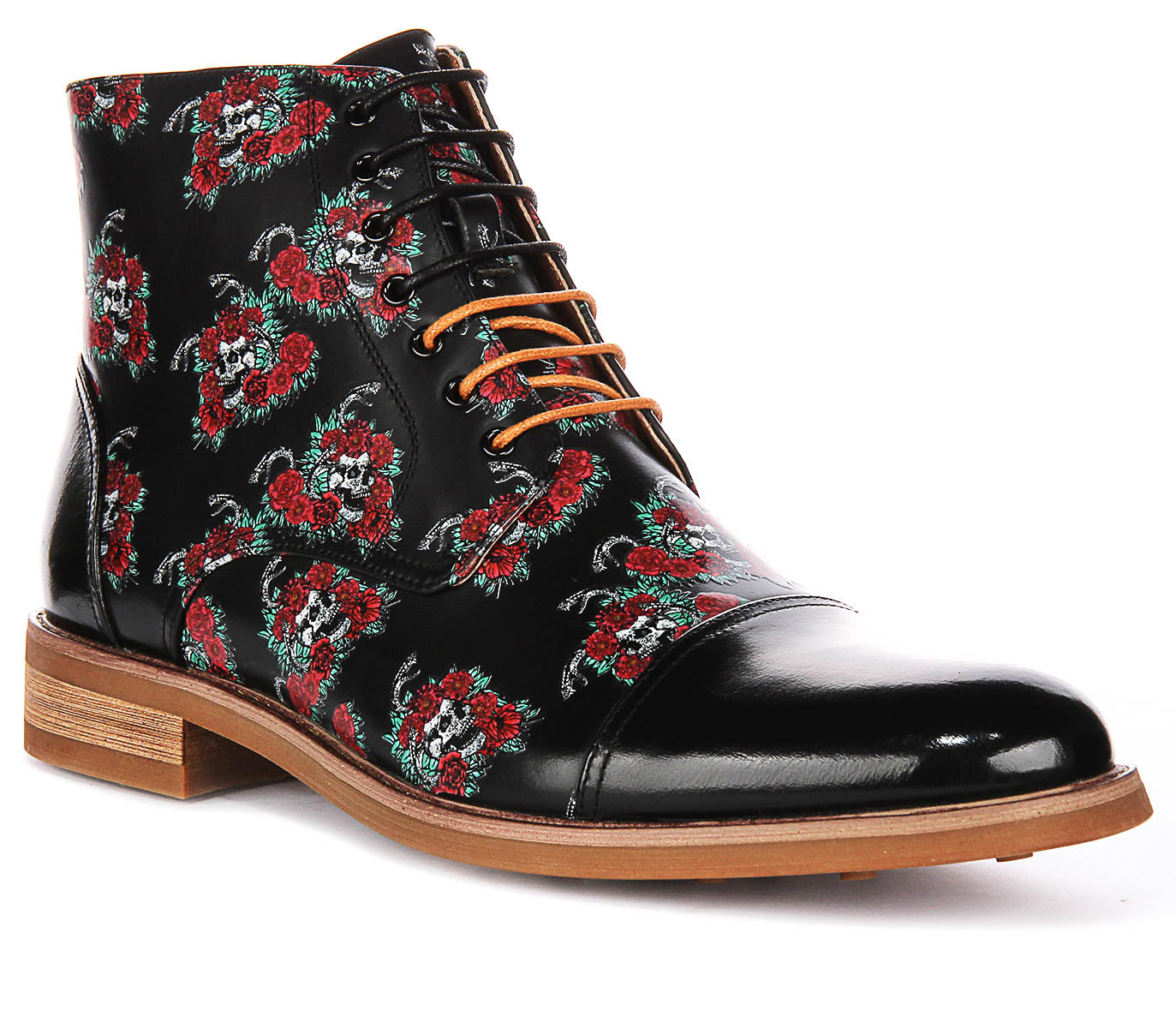 JUSTINREESS Mens Lace up Skull Print Black Leather Boots – Justin Reess