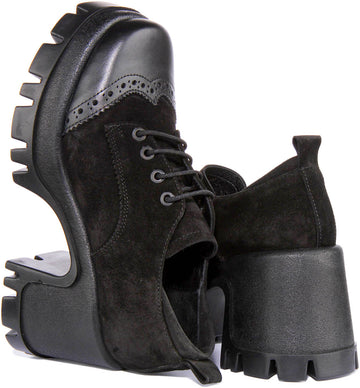 JUSTINREESS Womens Lace up Black Suede | Chunky Sole Brogue Shoes ...