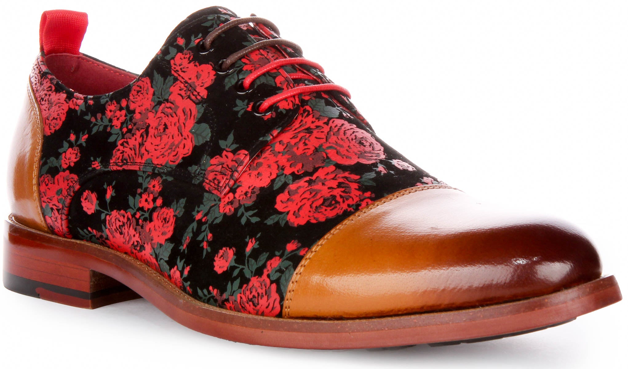 JUSTINREESS Mens Lace up Floral Print Brown Red Leather Oxfords ...