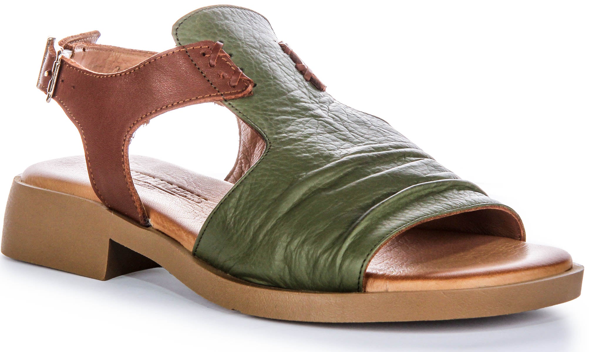 JUSTINREESS Womens Flat Leather Comfort Green Tan Buckle Sandal ...