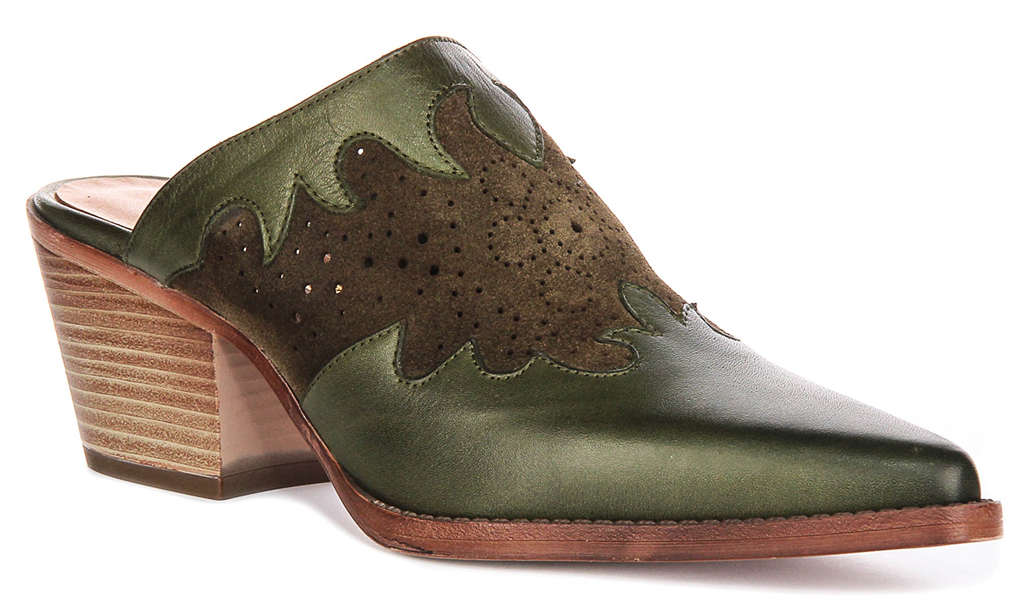 JUSTINREESS Womens Green Leather Cowboy Mule Sandals – Justin Reess
