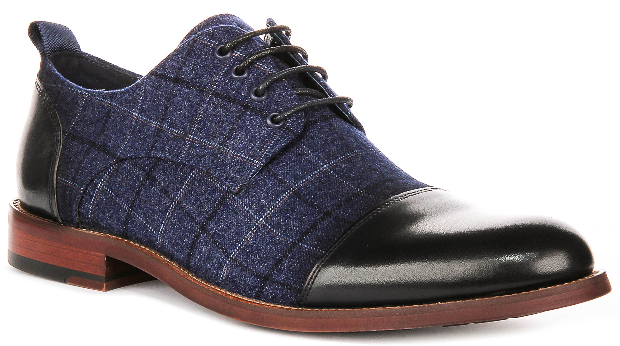 JUSTINREESS Oden In Navy Check Printed Leather Oxford Toe Shoes ...