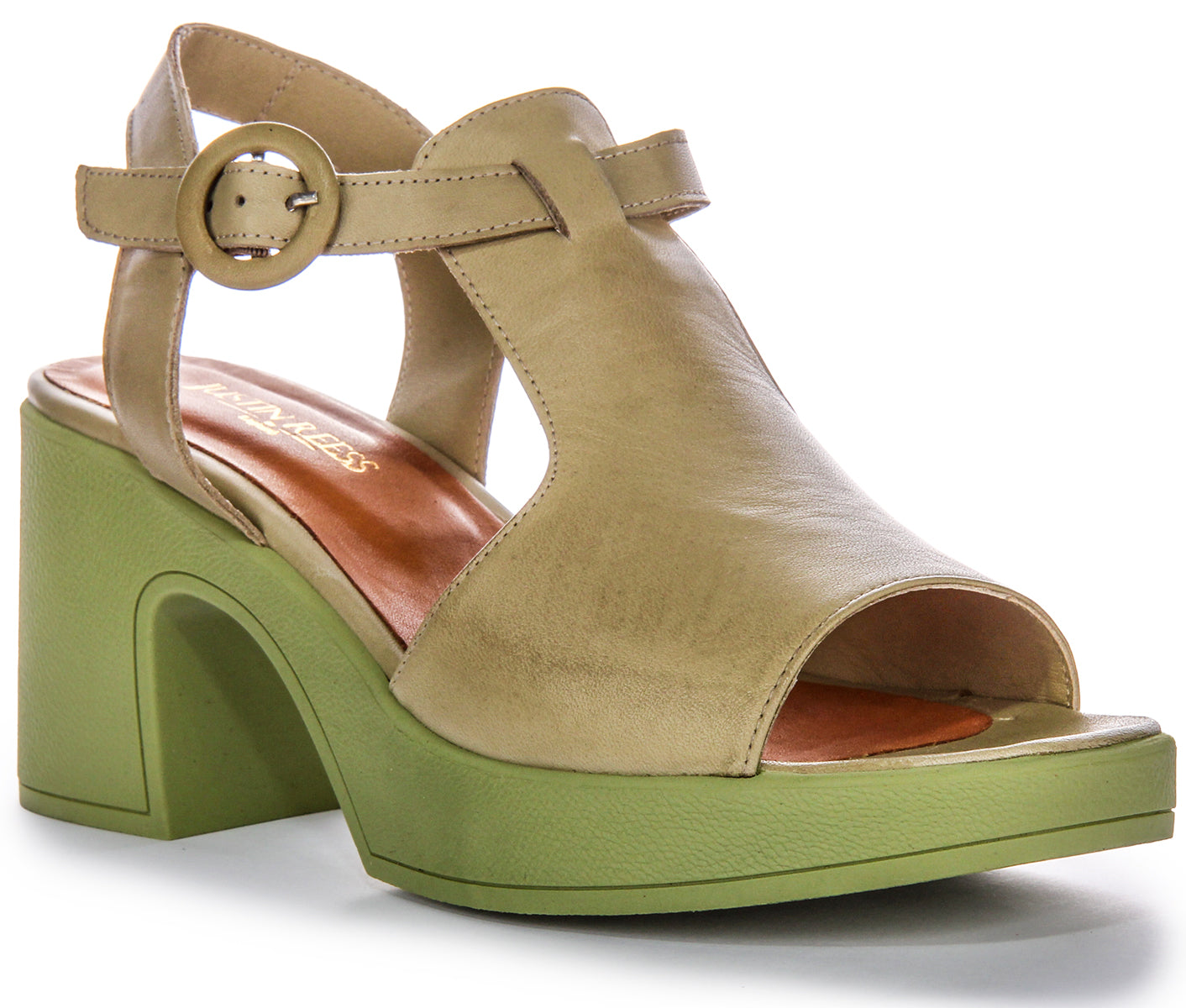 JUSTINREESS Womens Peep Toe Block Heel Green Leather Sandals – Justin Reess