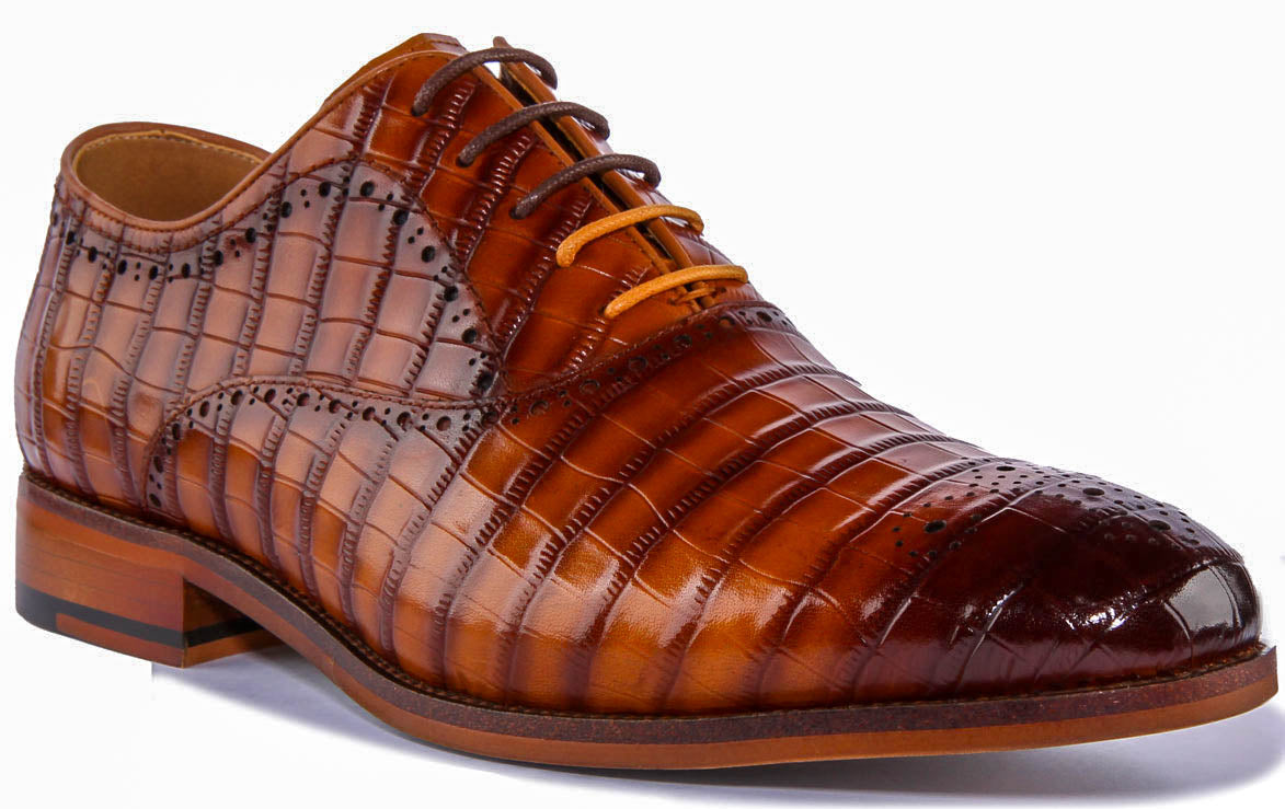 JUSTINREESS ENGLAND Andre In Tan | Croc Effect Brogues Shoes – Justin Reess