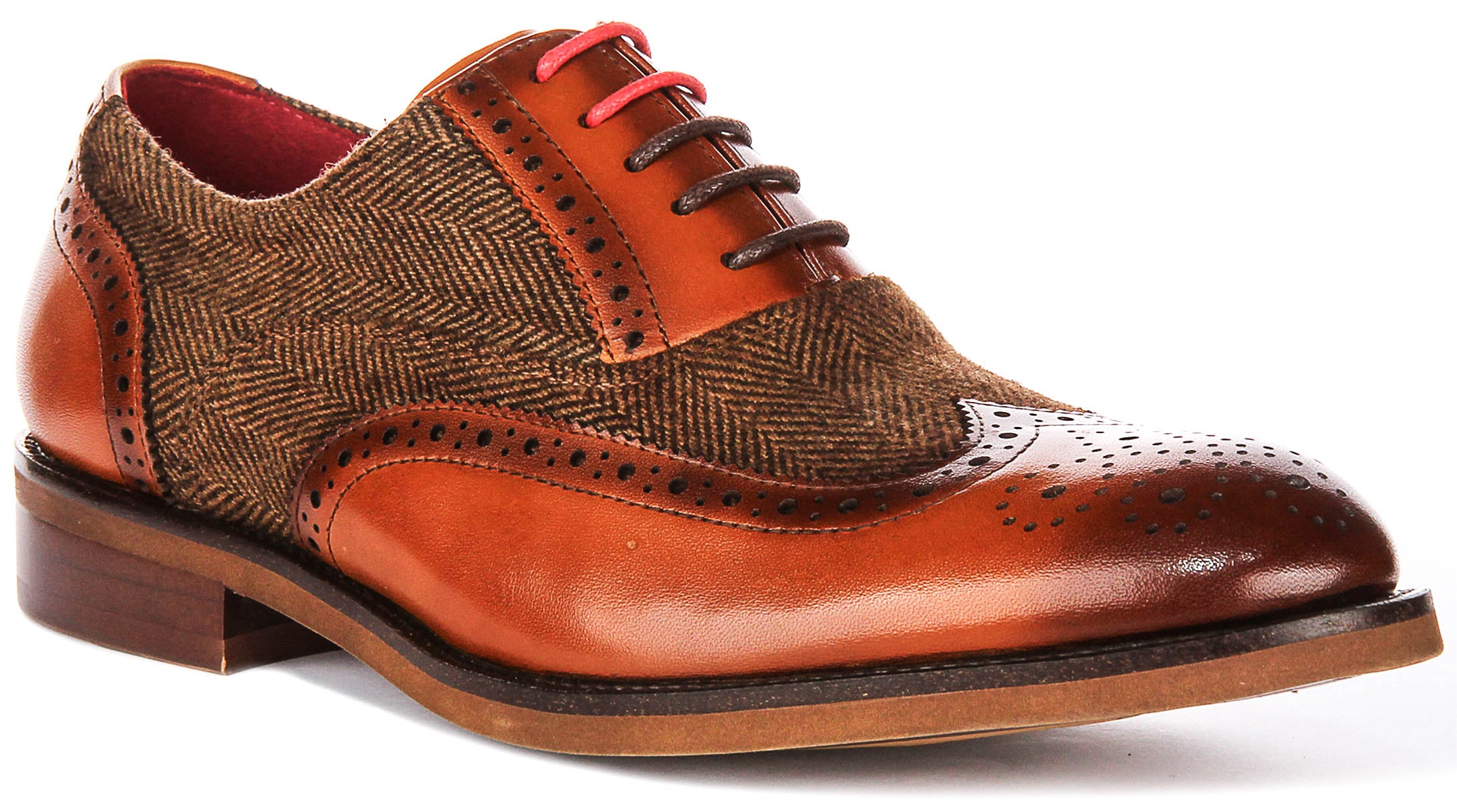 JUSTINREESS Mens Lace Up Brown Leather Tweed Wingtip Brogue Shoes ...