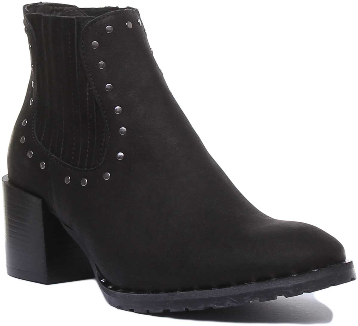 Hero In Black | Womens Block Heel Studded Leather Chelsea Boots ...